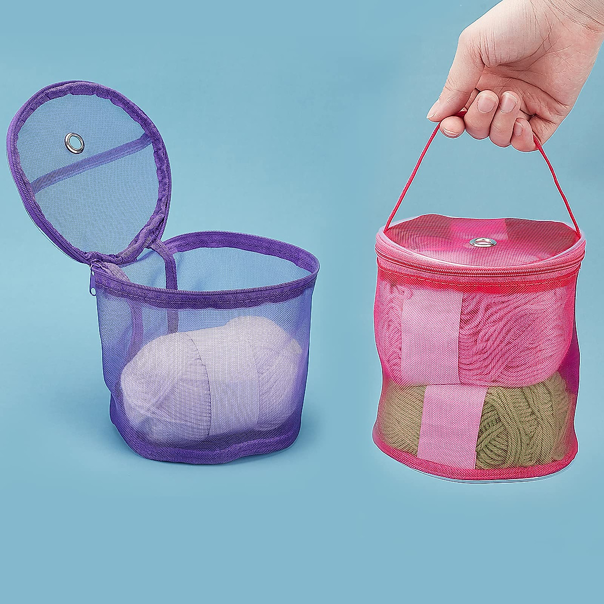 NBEADS 2 Pcs Empty Mesh Yarn Bags, Portable Knitting Bag Organza Storage Cases Tote Bags Crochet Thread Sewing Accessories for Yarn Storage (Fuchsia and Purple)