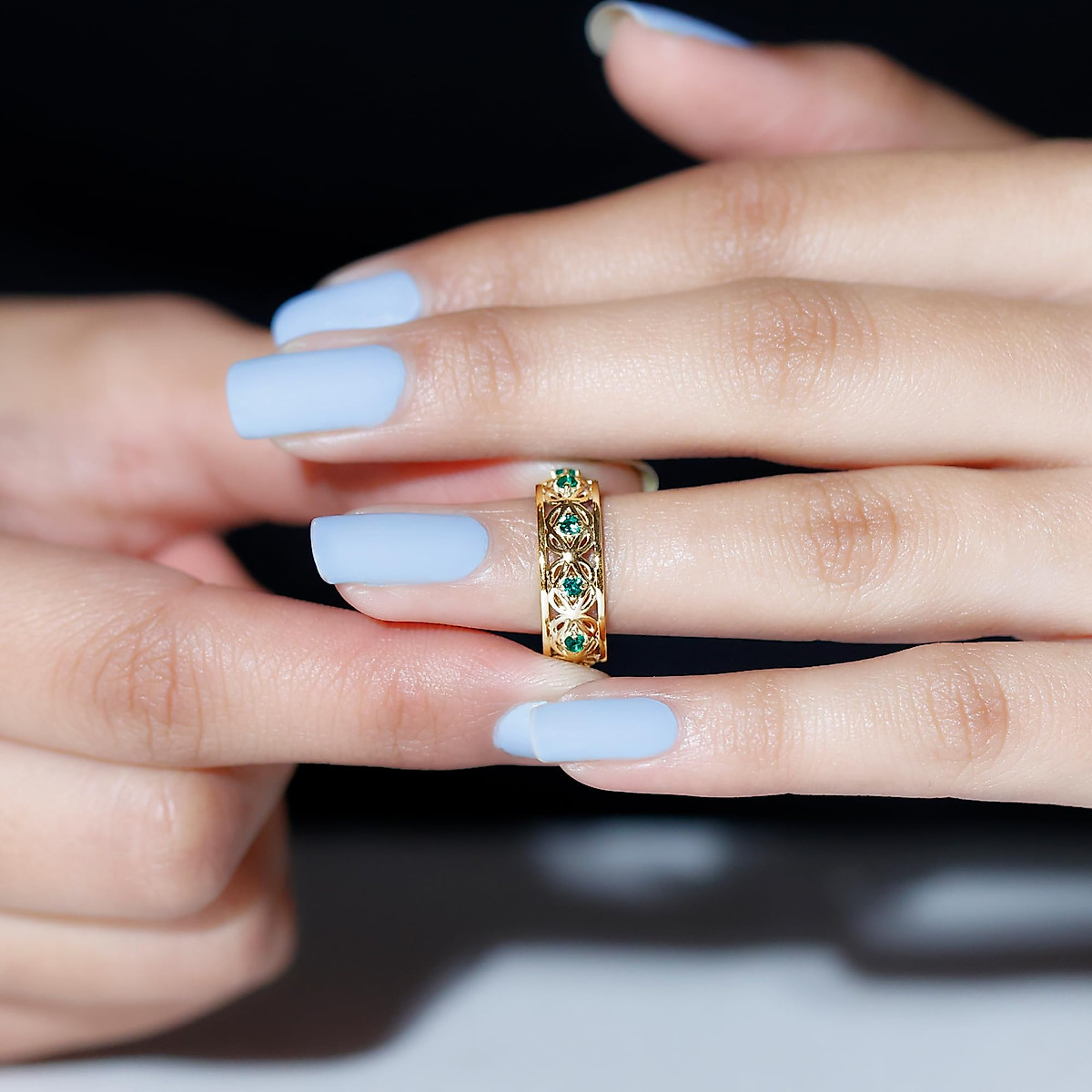 Rosec Jewels Certified Emerald Celtic Knot Eternity Ring, Vintage Inspired Band, AAAA Quality, Lab Grown Emerald Wide Band, 14K Yellow Gold, Size:US 5.00