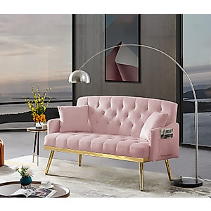 Antetek Upholstered Velvet Loveseat Sofa, Modern Small Sofa Couch with Side Pocket and Golden Metal Legs, Tufted Leisure Sofa for Living Room, Bedroom, Office, Pink