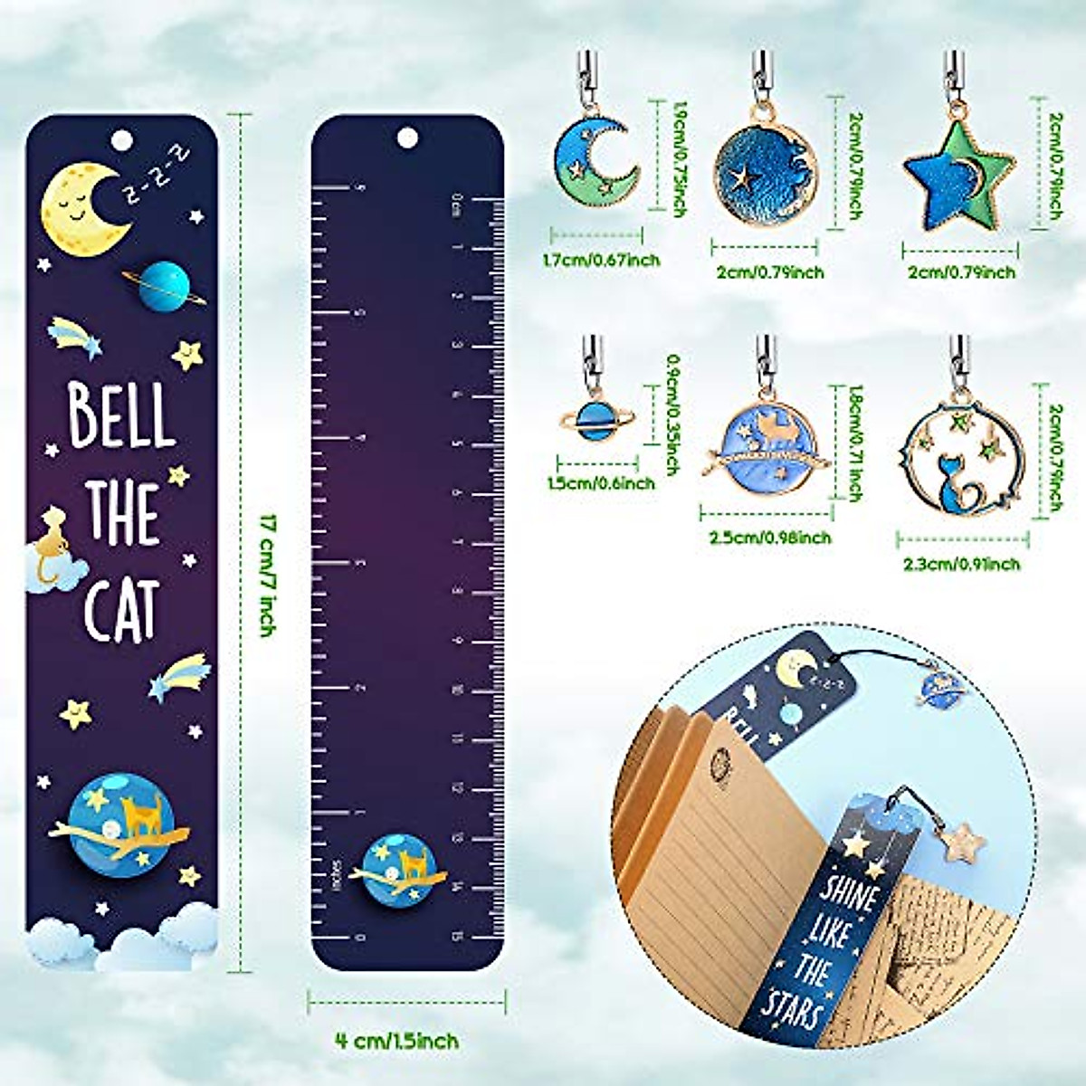12 Pcs Bookmarks for Children Cat Moon Star Celestial Theme Space Bookmarks with Metal Charms Inspirational Quotes Bookmarker Gift for Kids Boys Girls School Reading (Novelty Style)