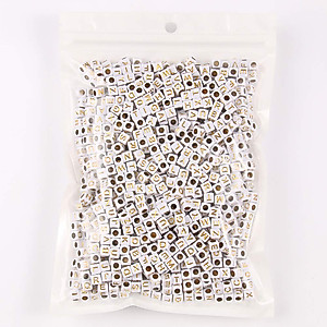 Acrylic Letter Beads Alphabet Gold Letters White Cube Bead, 6×6mm 1200pcs, for Friendship Bracelets and Gifts Souvenir Jewelry Making