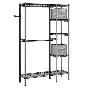 SONGMICS Garment Rack Heavy Duty Clothes Rack, Freestanding Portable Wardrobe Closet for Hanging Clothes with 2 Storage Boxes, 8 Hooks, Adjustable Wire Shelves, 2 Hanging Rods, Black ULGR422B01
