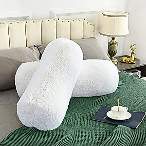 Decorative Fluffy Throw Pillows for Room Sofa Bed, Jelymark Fuzzy Body Pillow, Luxury Soft Faux Fur Round Long Couch Pillows for Kid Reading Sleeping, Removable Pillow Cover and Inserts, White 8x25 In
