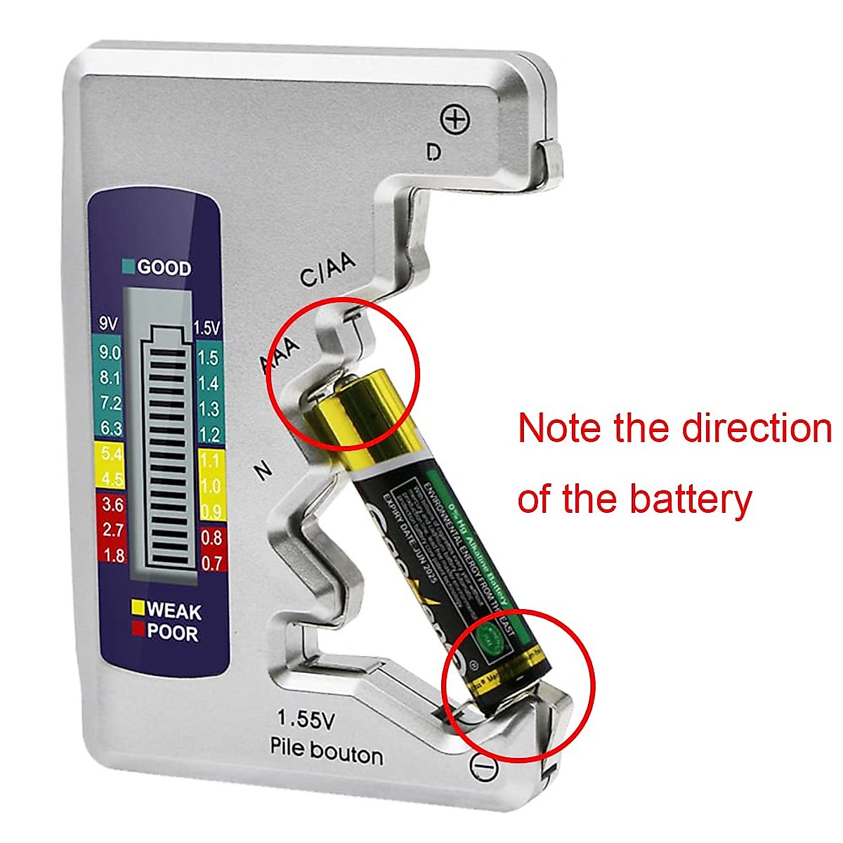 Wolfride AA Battery Checker Tester Universal Battery Tester 9v Battery Tester Digital Display for AAA AA C D N 9V Battery 1.55V Button Cell