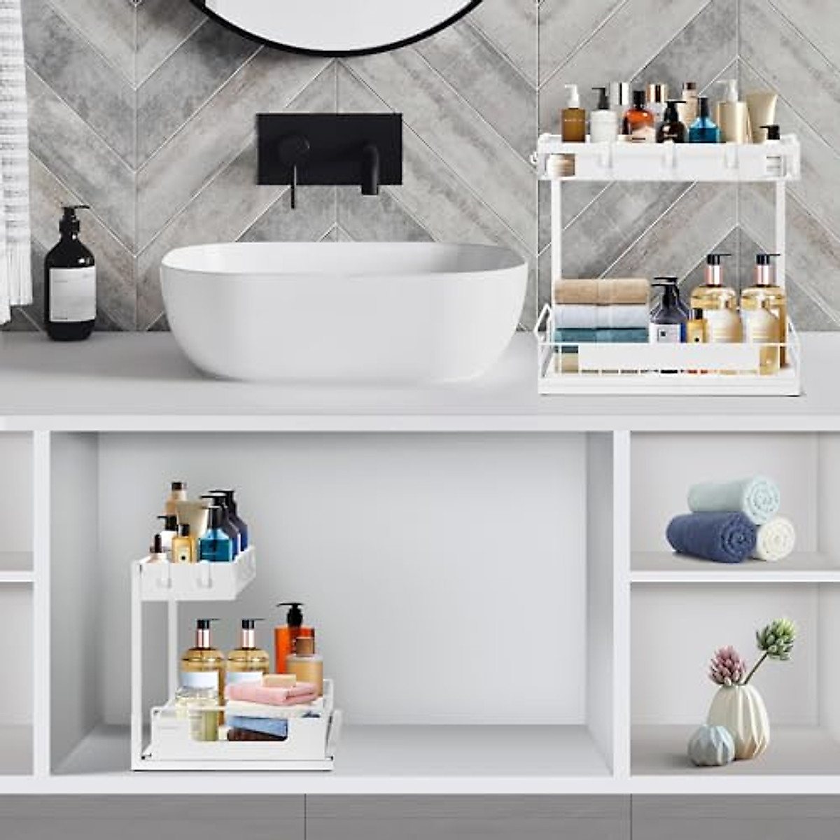 Large Under the Sink Organizer Bathroom, 2-Tier Kitchen Under the Sink Organizers and Storage with 4 Hooks, Cabinet Storage Shelves No Drilling Rustproof Stainless Steel Pull Out Shelf, White