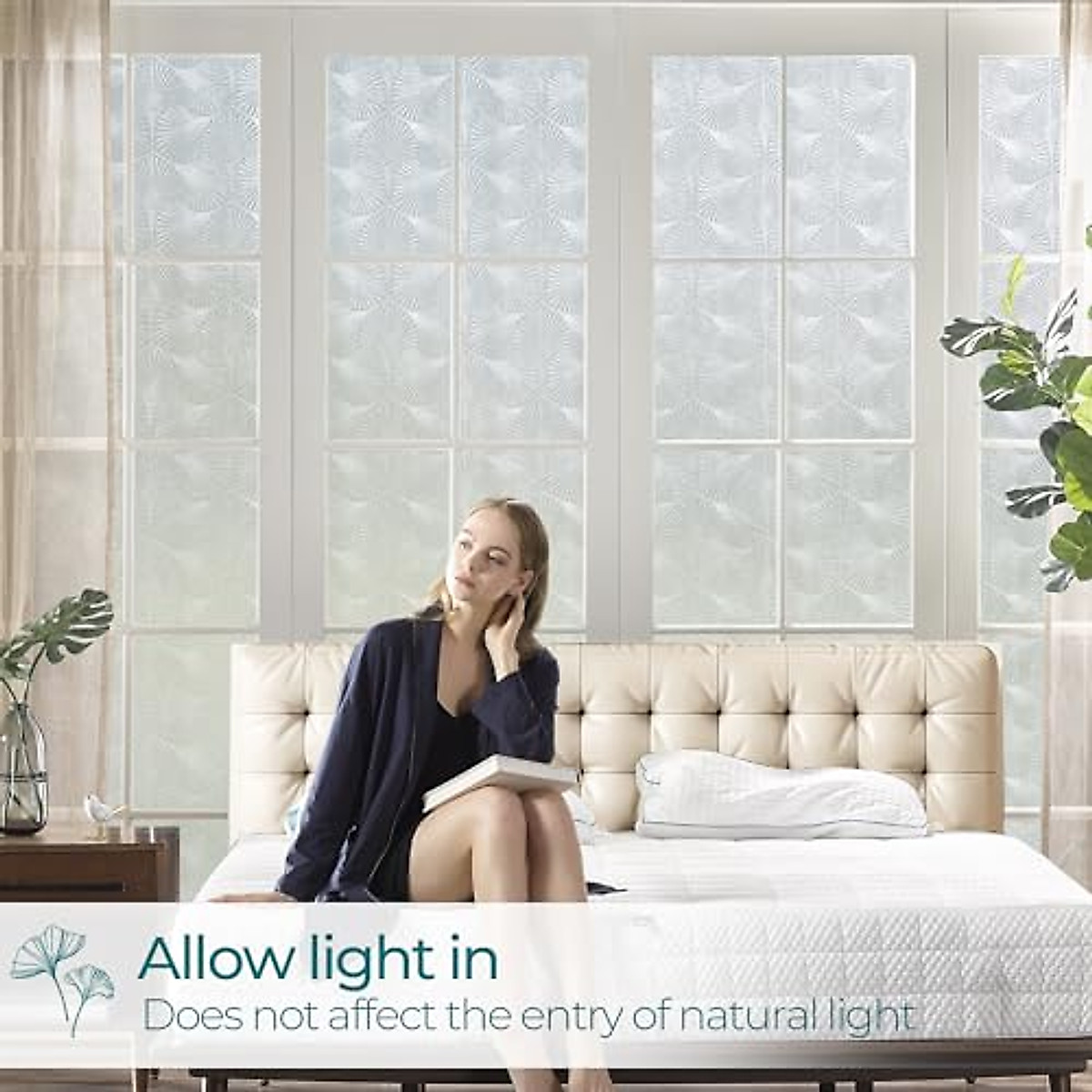 Windimiley Privacy Window Film Frosted Glass Window Cling Bathroom Peel and Stick Sun Blocking Decorative Ginkgo Opaque Door Window Tint for Home, 17.5x157.4 Inch