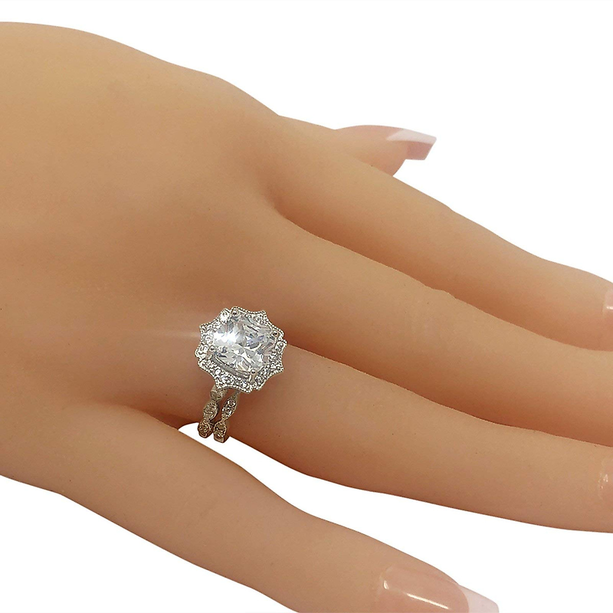 Blue Apple Co. Two Piece Art Deco Wedding Engagement Ring Band Cushion Cubic Zirconia 925 Sterling Silver Size - 7