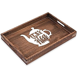 It's Tea Time - Rectangle Wooden Coffee Serving Tray with Handles, Funny Rustic Farmhouse Foods Tray Coffee Table Tray Home Kitchen Decorative for Christmas Birthday Tea Lovers Gifts