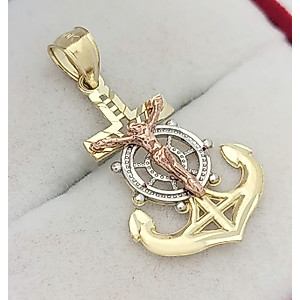 AMZ Jewelry 10K Tri Tone Gold Mariners Anchor Charm Cross Pendant