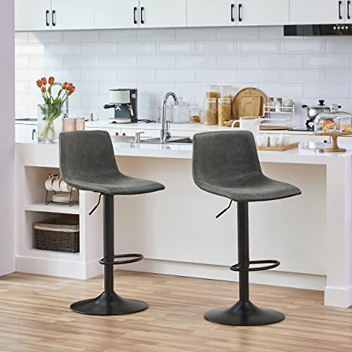 Yaheetech BarStools Modern Design Bar Stools Urban Industrial Faux Leather Armless Chair Adjustable Height and 360° Rotation for Bar Counter Kitchen Home Set of 4, Grey