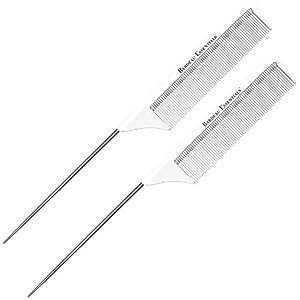 8.8 Inch White Metal Tail Comb (2 Pack) Carbon Fiber and Stainless Steel Pintail | Lightweight | Rat Tail Styling Combs for all Hair Types | Fine Tooth Teasing Comb Set (White 2 Pack)