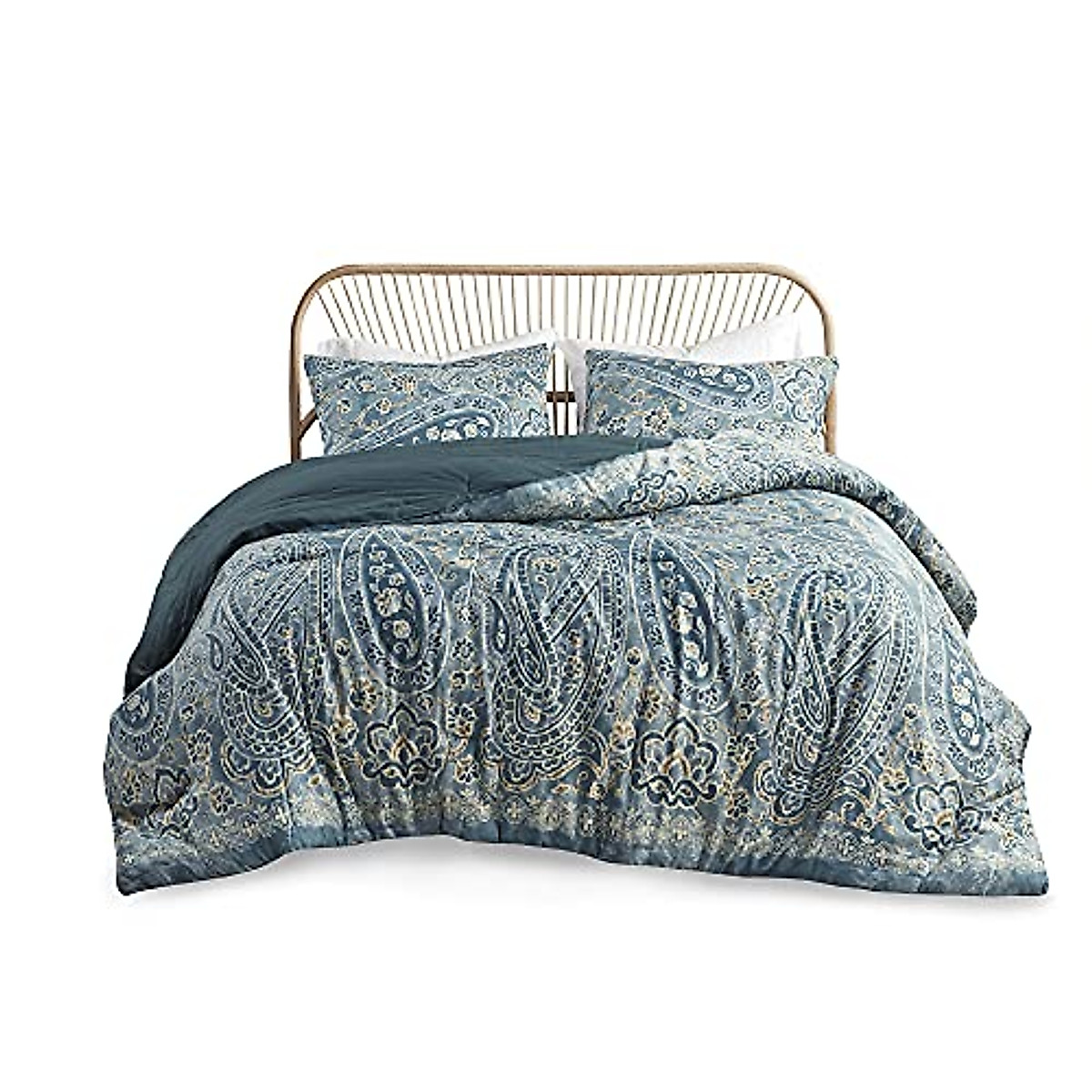 Madison Park Belcourt Sateen Cotton Comforter Set, Breathable, Soft Cover, Trendy, All Season Down Alternative Cozy Bedding with Matching Shams, King/ Cal King, Blue 3 Piece