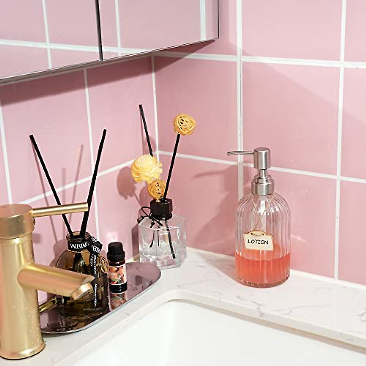 Funly mee Bathroom and Kitchen Clear Glass Soap Dispenser with Vertical Stripe - 16 Oz, 304 Rustproof Stainless Steel Pump, Refillable Liquid Glass Soap Dispenser for Hand Soap, Dish Soap (Clear)