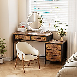 Unikito Computer Desk with 5 Drawers, Reversible Home Office Desk with Power Outlets, Sturdy Writing Desk with File Cabinet and Printer Stand, Vanity Desk with Storage for Small Space, Rustic Brown