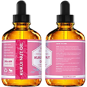 Leven Rose Kukui Nut Oil 4 oz – Cold-Pressed and Unrefined Hair & Face Moisturizer with Dropper – Unscented Pure Face Oil for Women and Men – Nourishing & Moisturizing for All Skin Types