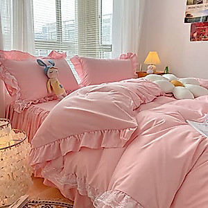 MOOWOO Chic Ruffle Lace Polyester Duvet Cover Set -Girl Pink Bedding-3 Piece Full Duvet Cover with Zipper Closure -Ultra Soft and Light Weight (Pink, Full)