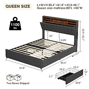 Lumelay Queen Bed Frame with 4 Storage Drawers, LED Bed Frame with Charging Station and Adjustable Tall Bookcase Headboard, Upholstered Mattress Foundation, No Box Spring Needed, Dark Grey