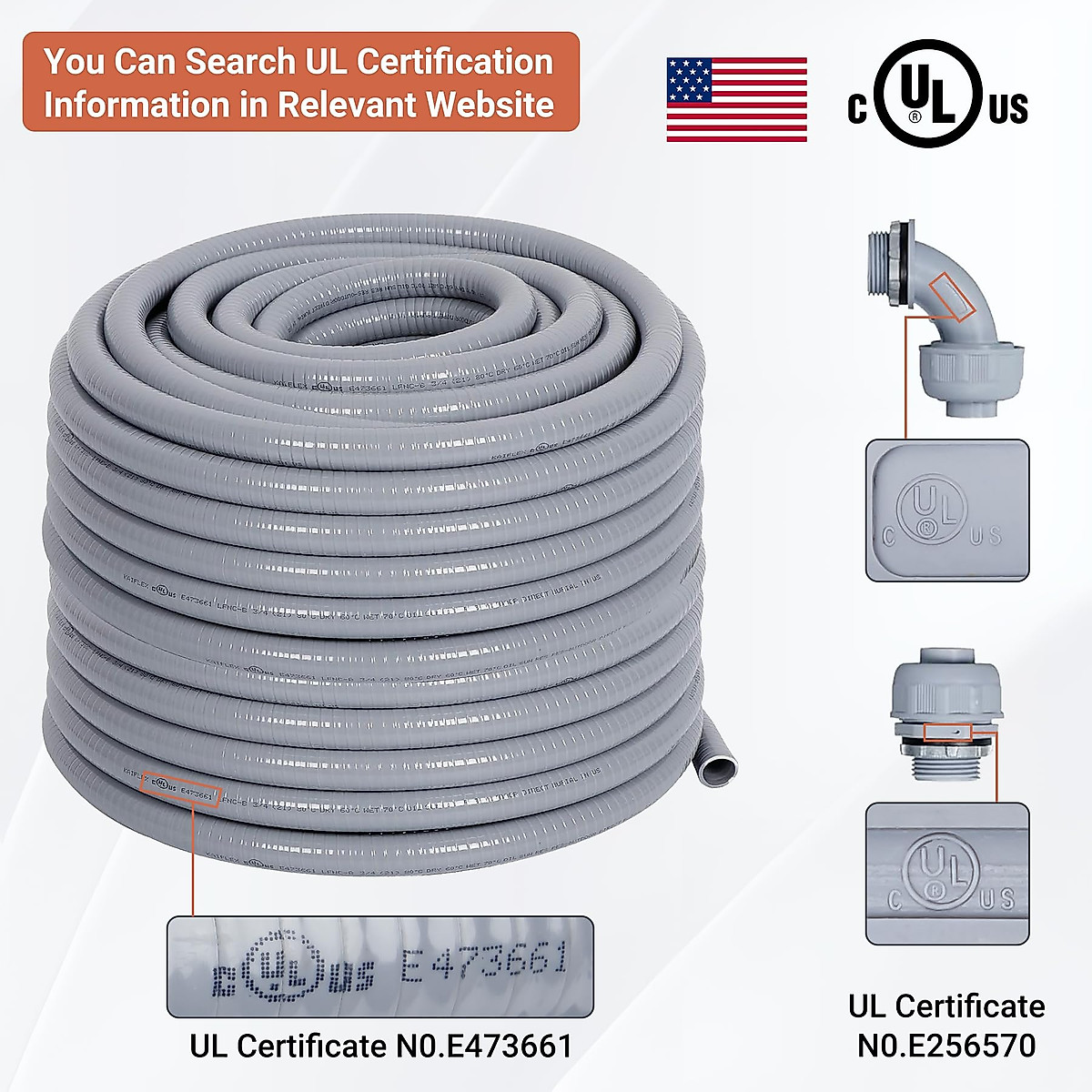 Neorexon Liquid-Tight Conduit and Connector Kit 1/2inch 25ft, Flexible Non Metallic Liquid Tight Electrical Conduit w/UL Certification, Electrical Conduit Kit with 5 Straight, 5 Angle Fittings