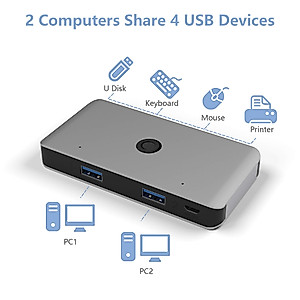Cateck USB 3.0 Aluminum Sharing Switch Selector 4 Port 2 Computers Peripheral Switcher Adapter Hub for PC, Printer, Scanner, Mouse, Keyboard with One Button Swapping and 2 Pack USB 3.0 Male Cable
