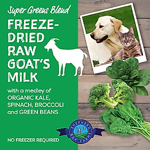 Shepherd Boy Farms Freeze Dried Raw Goats Milk with Probiotics for Dogs & Cats (Super Greens), Organic USA Veggies & Fruits, High Protein, Digestible Goat Milk Powder, Food Toppers - Makes 32 FL OZ