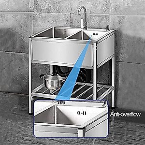 Commercial Sink Kitchen Wash Basin Stainless Steel 1 Compartment with Faucet Hygienic Robust for Outdoor Indoor Garage Kitchen Laundry Single bowl Sinks, 0.8mm Thick, 40×35×75.5cm
