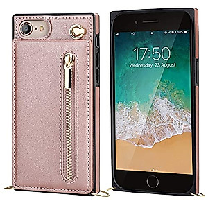 KIHUWEY iPhone SE 2020 iPhone 8 iPhone 7 Crossbody Wallet Case with 4 Card Slots,Wrist Strap Protective Kickstand Shoulder Cross Body Zipper Pocket Cover Case 4.7 Inch Rose Gold