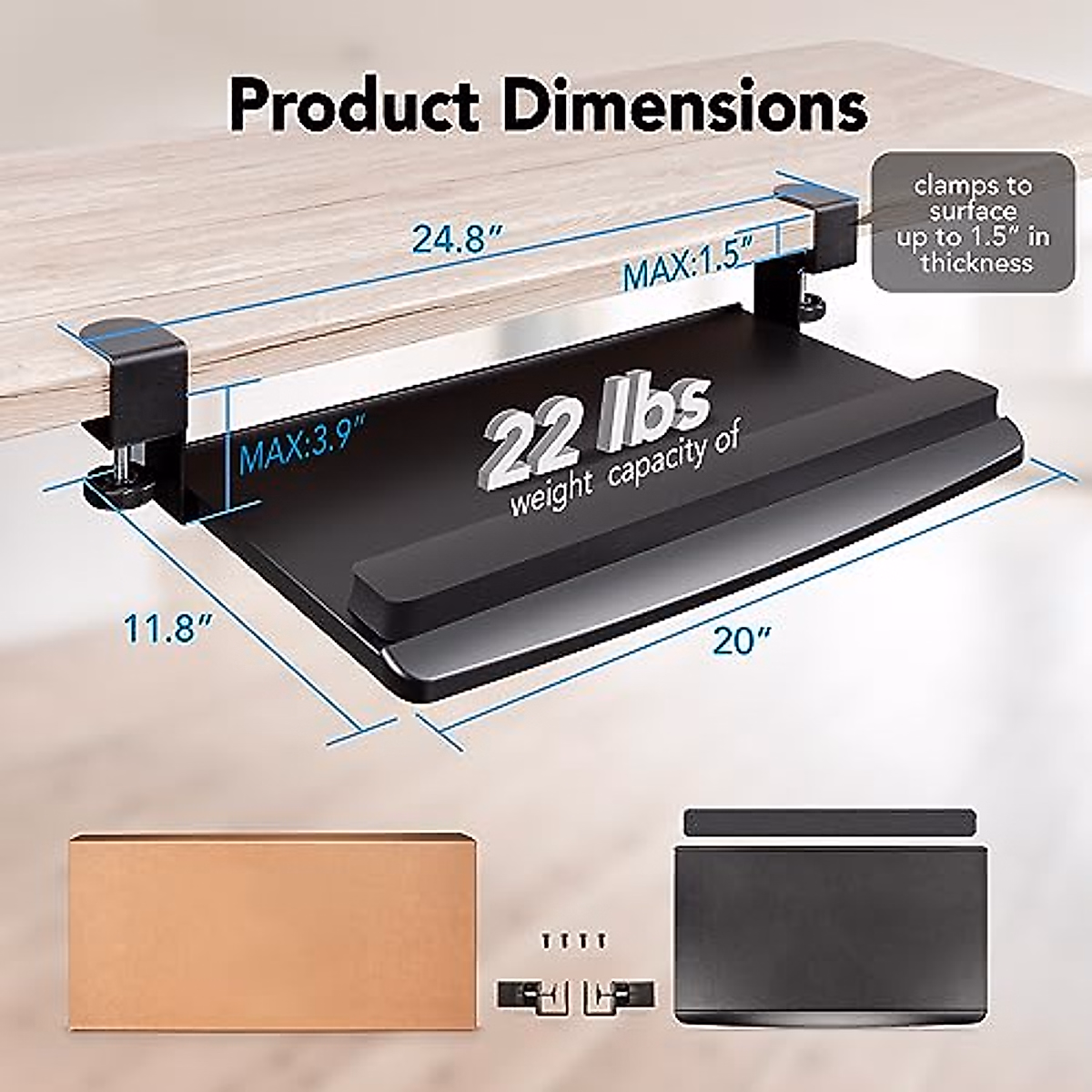 EHO Clamp-On Retractable Adjustable Keyboard Tray, Under Desk Ergonomic Keyboard Tray - Easy Tool-Free Install - Small with Wrist Rest for Enhanced Typing Comfort, Space-Saving, Surface 20" x 11.5"