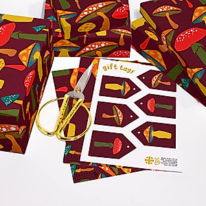CENTRAL 23 Red Wrapping Paper - Mushroom Wrapping Paper - Red Yellow - Vibrant - 6 Sheets Gift Wrap - For Birthday Christmas Holiday - Comes With Stickers