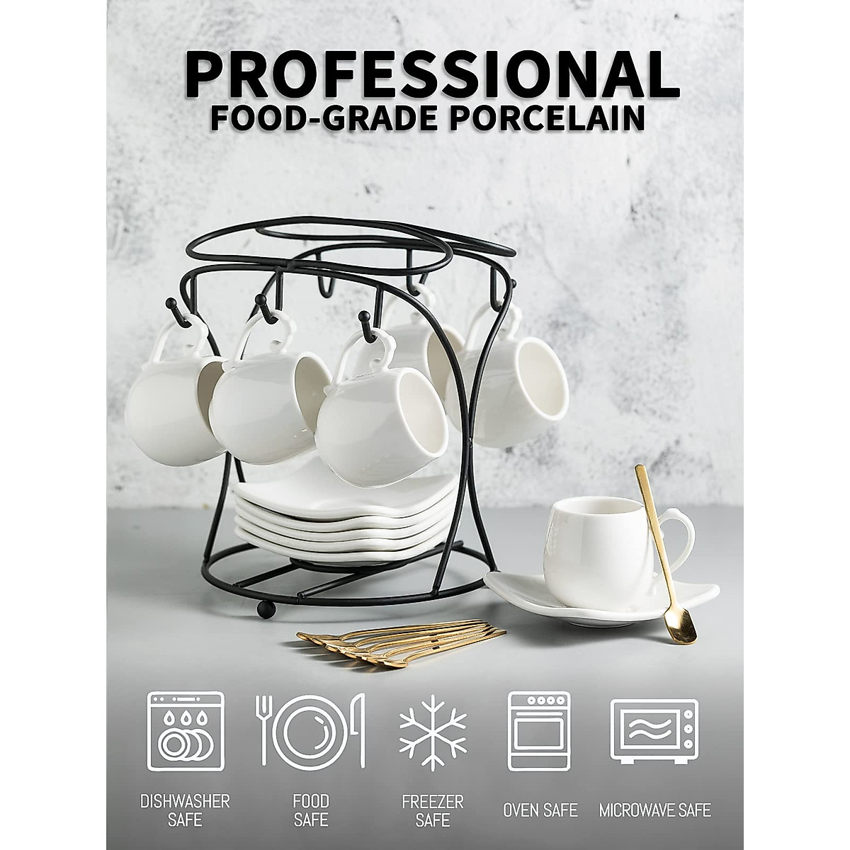 LYEOBOH Espresso Cups with Saucers Set, Porcelain Coffee Cups and Metal Stand and Spoons, Small Demitasse Cups for Espresso, Latte, Cafe Mocha, Cappuccino, and Tea, 3 OZ, Set of 6, White