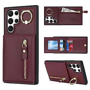 Jaorty for Samsung Galaxy S22 Ultra 5G Phone Case for Women with Card Holder,Galaxy S22 Ultra Case Wallet Crossbody Lanyard with Strap,Credit Card Slots Kickstand Case with Ring Holder,6.8",Burgundy