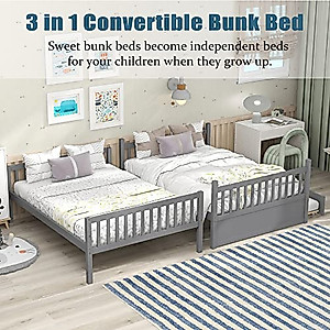 CITYLIGHT Full Over Full Bunk Beds with Trundle, Wooden Bunk Bed Full Over Full Size for Adults Teens, Detachable Full Bunk Bed Frame with High Length Guardrail,Grey