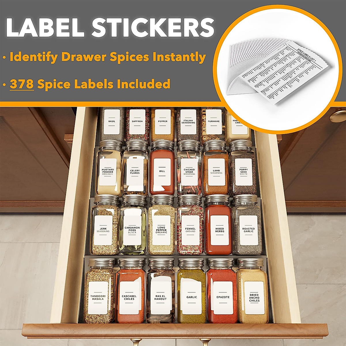 SpaceAid Spice Drawer Organizer with 24 Spice Jars, 378 White Minimalist Spice Labels, 4 Tier Seasoning Rack Tray Insert for Kitchen Drawers, 11.25" Wide x 17.5" Deep