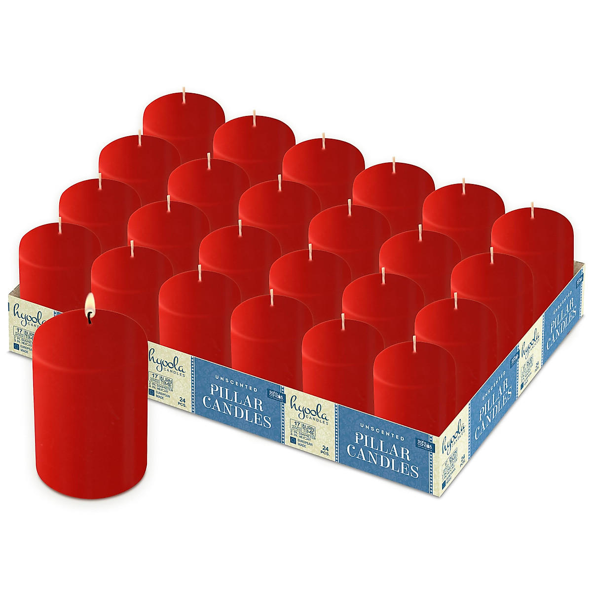 HYOOLA Red Pillar Candles 2x3 Inch - 24 Pack Unscented Bulk Pillar Candles - European Made