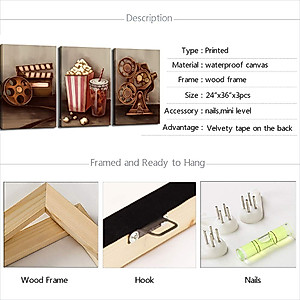 sechars - Extra Large 3 Piece Painting Wall Art Film Reels Popcorn Filmmaking Canvas Art Modern Movie Theater Media Room Decor (24x36inchesx3pcs)