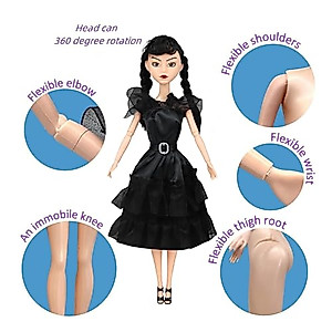 BEMKWG Wednesday Addams Doll 11.5'' The Joints Can Move and Black Dresses Black Hair Black Shoe Adams Doll Toys Gift for Girls & Family Fans (A)