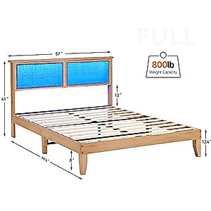 IDEALHOUSE Full Bed Frame with Natural Rattan Headboard, Platform Bed Frame Full Size with Storage Headboard, Mattress Foundation, Noise-Free, No Box Spring Needed