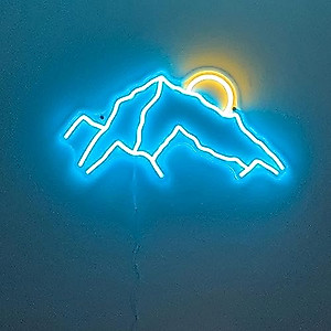 Mountains Neon Sign for Wall Décor, Handmade Neon Lights Wall Art for Home, Apartment, Bedroom Wall, Cafe, Office Decoration, Adjustable Bedroom Signs Gifts with Dimmer, 22X11 inches, Ice Blue- Yellow