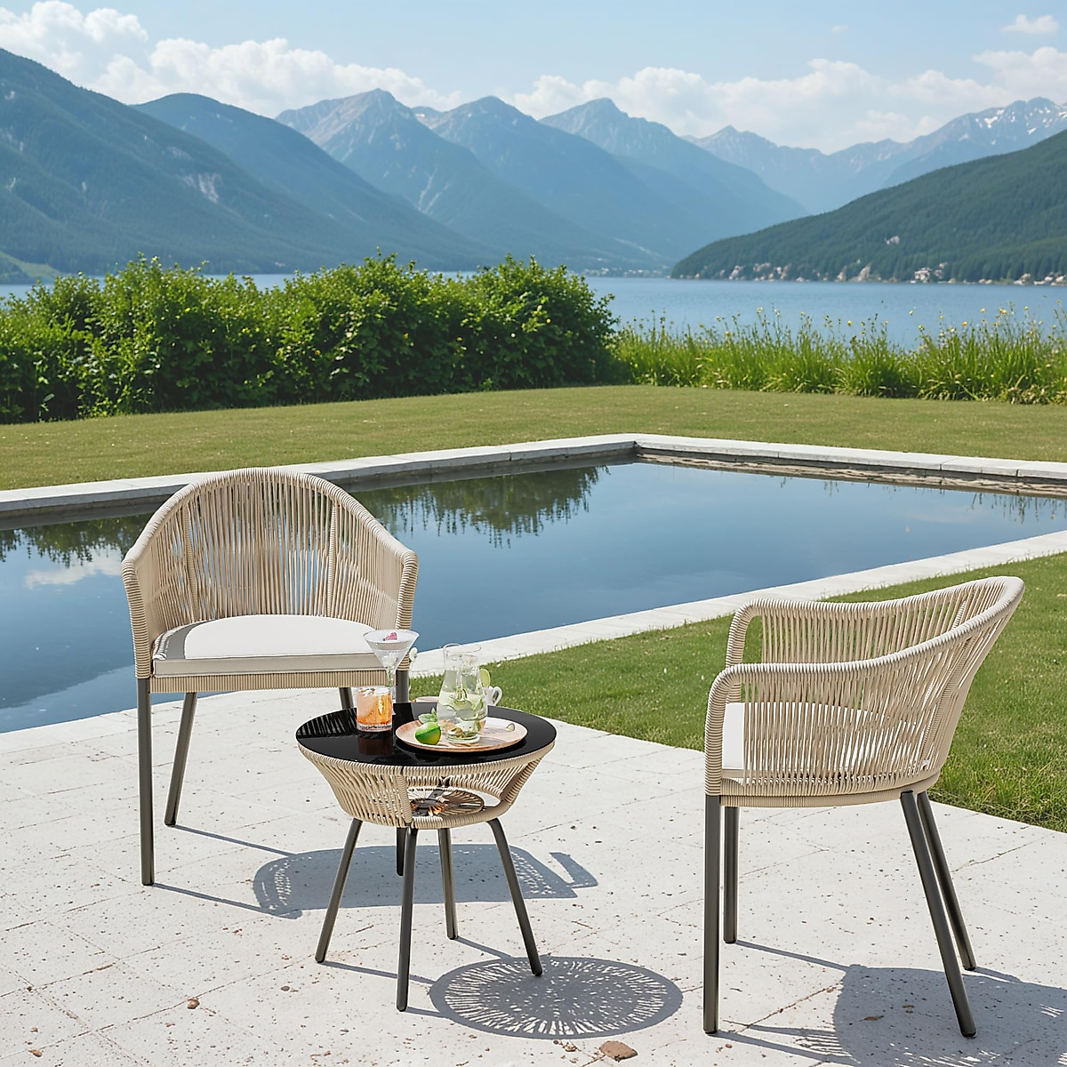 Devoko Patio Furniture Set 3 Pieces Rope Woven Bistro Set Outdoor Conversation Set with 2 Wide Chairs,Cushions and Tempered Glass Table for Balcony Porch Backyard Garden Poolside