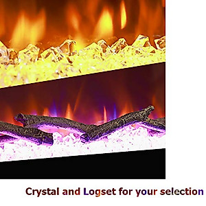 BizHomart 48 Electric Fireplace, Recessed & Wall Mounted Electrical Fireplace with Bracket, Ultra Thin, Low Noise, Remote Control, Timer, Logset & Crystal, Adjustable Flame Color, 1500W, Black