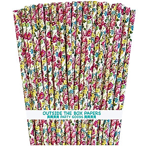 Rose Floral Paper Straws - Valentine Wedding Birthday Shower Supply - Pink Yellow Blue White - 7.75 Inches - 100 Pack - Outside the Box Papers Brand