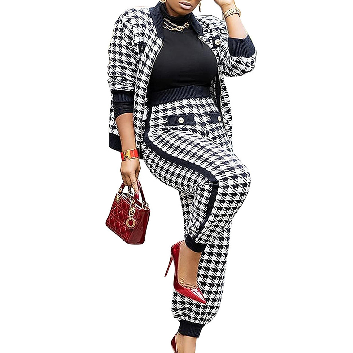 SOMTHRON Women’s Houndstooth Print 2 Piece Outfit Zip Up Long Sleeve Jacket Elastic High Waist Long Pants Set Work Suits Tracksuit BL-XL