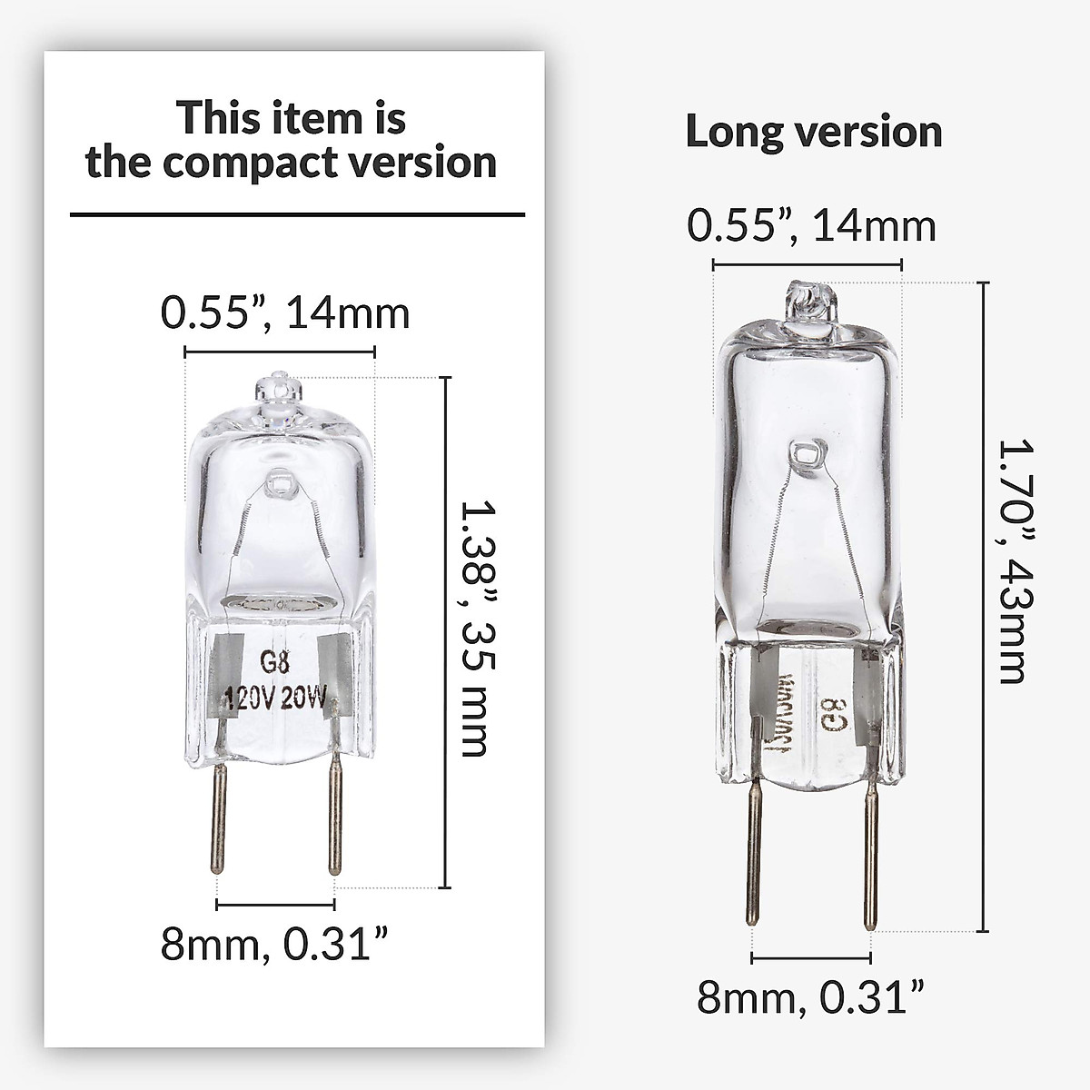 Simba Lighting Halogen Light Bulb G8 T4 20W JCD Bi-Pin (10 Pack) Shorter 1-3/8" (1.38") Length for Under Cabinet Puck Lights, Kitchen Hood, Landscape Lights, Desk Lamps 120V Dimmable, 2700K Warm White