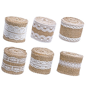 Livder 6 Rolls 2 Inch Width Natural Jute Burlap Ribbon with White Lace for DIY Home Decoration, Wedding Party and Gift Packaging