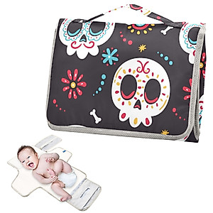 Dead Day Sugar Skull Portable Changing Pad for Unisex Baby Toddler Waterproof Foldable Baby Changing Mat with Pillow & Shoulder Strap Travel Changing Station for Traveling Walking Home Dresser Gift