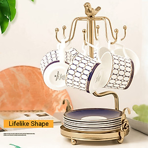 LWXPAIYY Coffee Mug Tree Holder,Tea Cup Storage Rack with Small Storage Area for Counter,Mug Holders Countertop for 6 TeaCups,Metal Coffee Mug Tree Stand Rack with 6 Hooks (Gold)