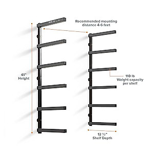 Bora Portamate Wood Organizer and Lumber Storage Metal Rack with 6-Level Wall Mount – Indoor and Outdoor Use, BR-006B, Black