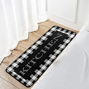 Kitchen Rug Black and White Kitchen Buffalo Plaid 39 x 20 Inch Non-Slip Anti Fatigue Comfort Entryway Door Mats Perfect Carpet for Home Decor