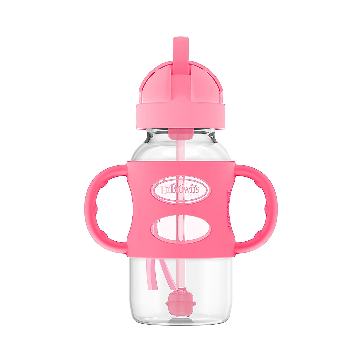 Dr. Brown's Milestones Wide-Neck Sippy Straw Bottle with 100% Silicone Handles and Weighted Straw, 9 oz/270 mL, Gray & Pink, 6m+