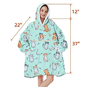 Durio Wearable Blanket Hoodie Cute Patterns Blanket Sweatshirt for Women Men Sherpa Fleece Hooded Blanket Hooded Sweatshirt Cat One Size