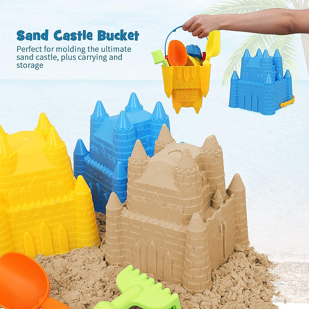 TOY Life Beach Toys for Kids 3-10 - Kids Sand Toys Sandbox Toys with 2 Sand Castle Buckets, Shovels, Rake, Sifter, Animal Dinosaur Sand Castle Molds, Sandcastle Building Kit, Sand Castle Toys for Beah